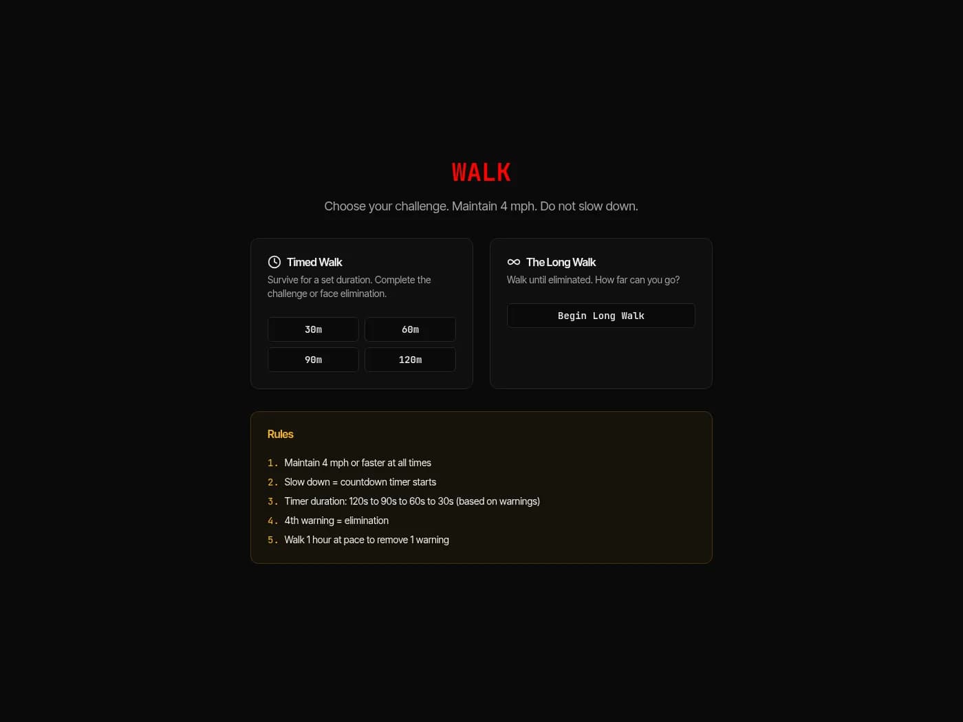 Walk - Endurance Walking Challenge App Inspired by Stephen King's The Long Walk