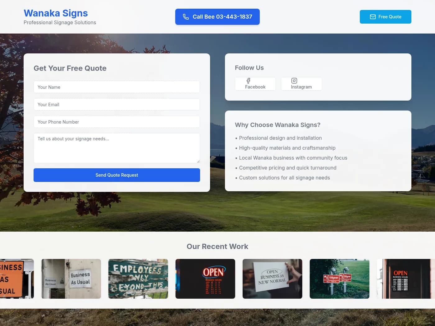 Wanaka Signs Business Landing Page