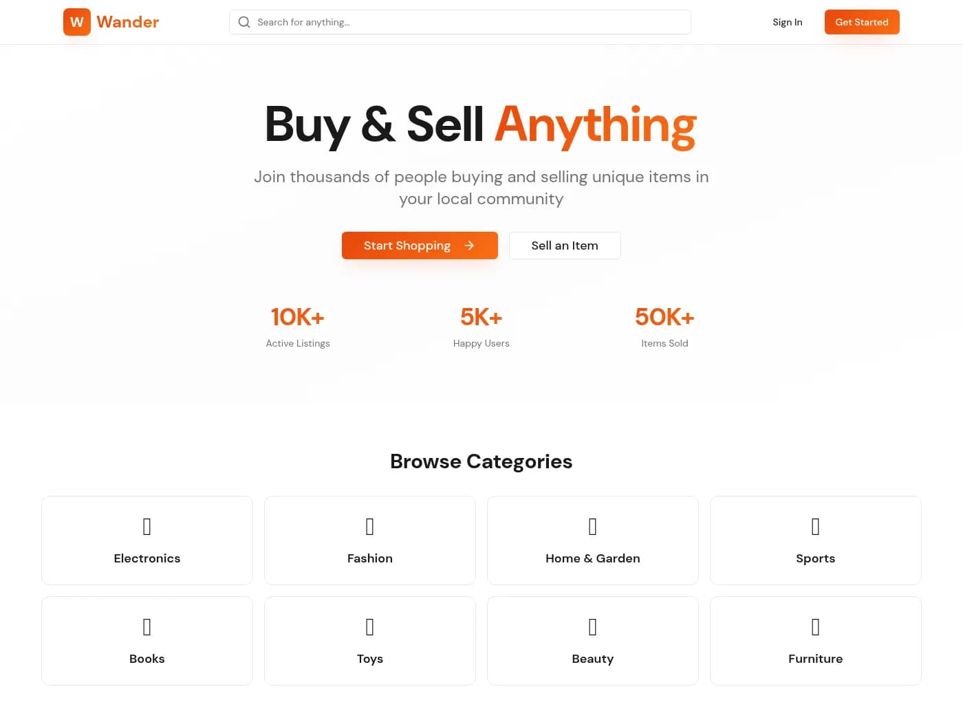 Wander Marketplace Clone with Dark Orange Theme