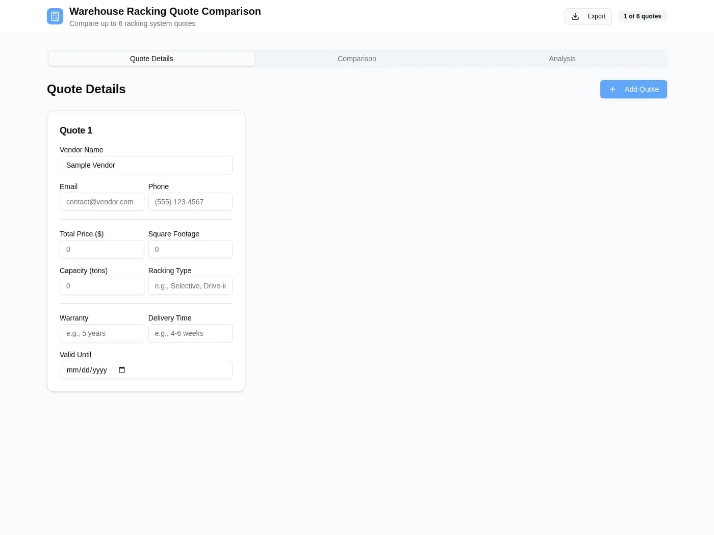 Warehouse Racking Quote Comparison Calculator