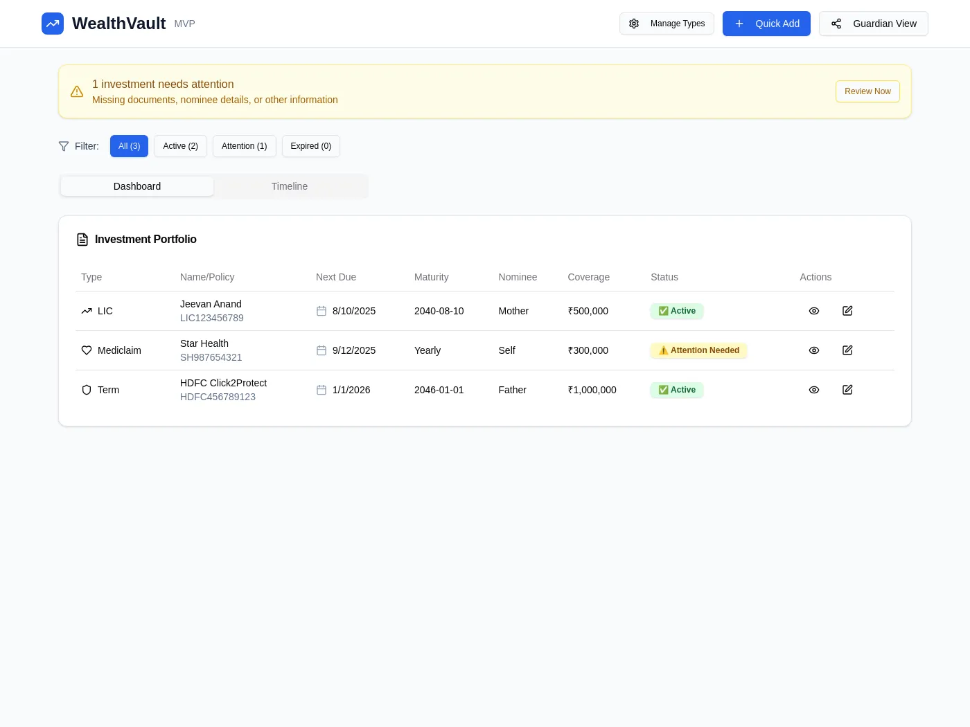 WealthVault MVP – Unified Investment Dashboard