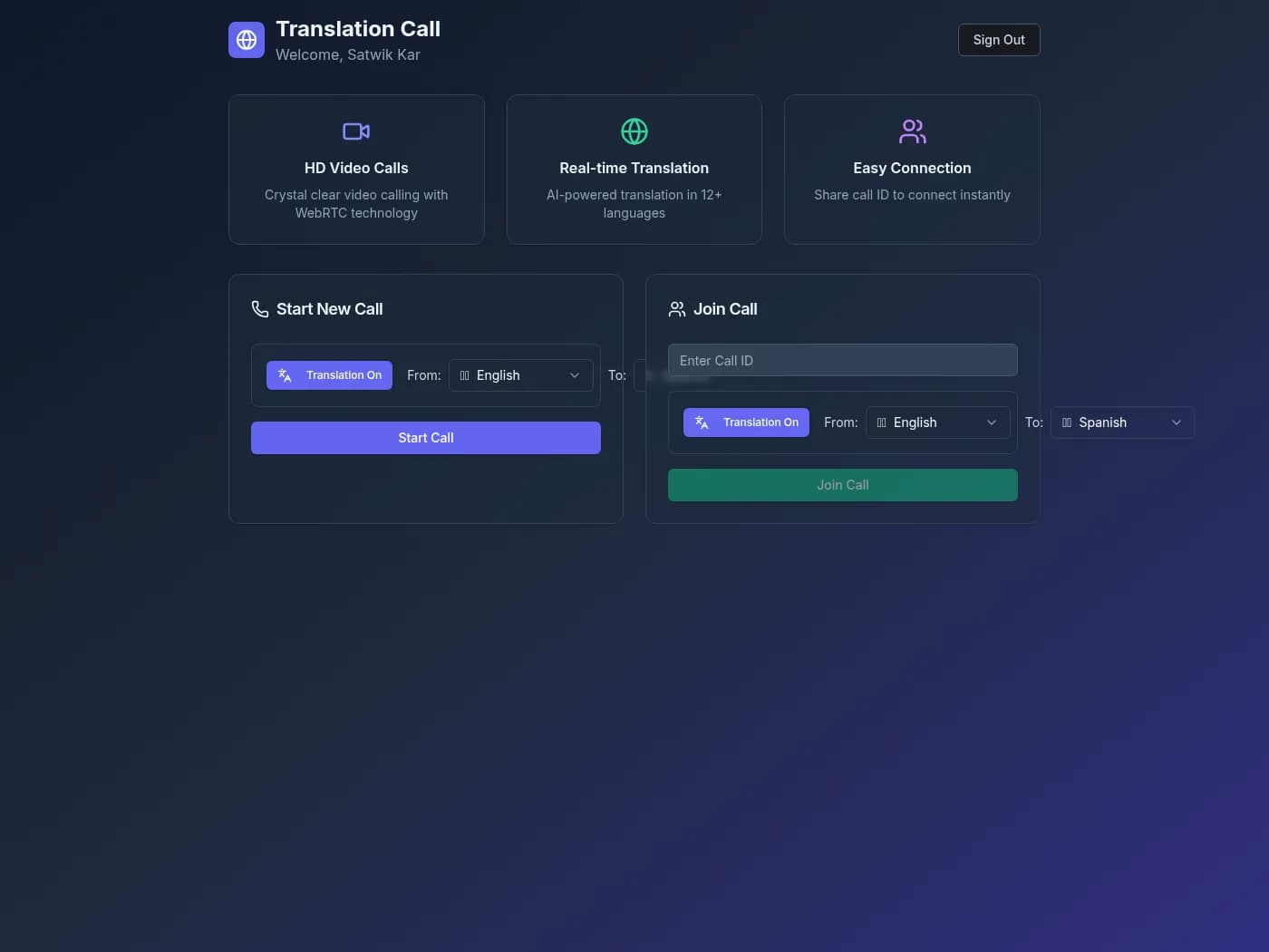 WebRTC Call App with Real-time Language Translation