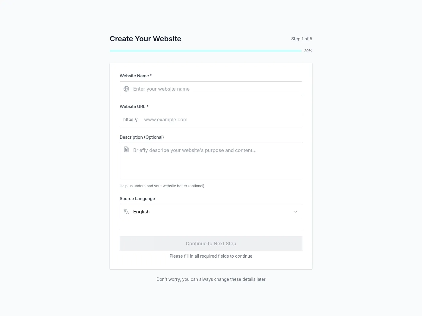 Website Onboarding Wizard - Website Creation UI Mockup