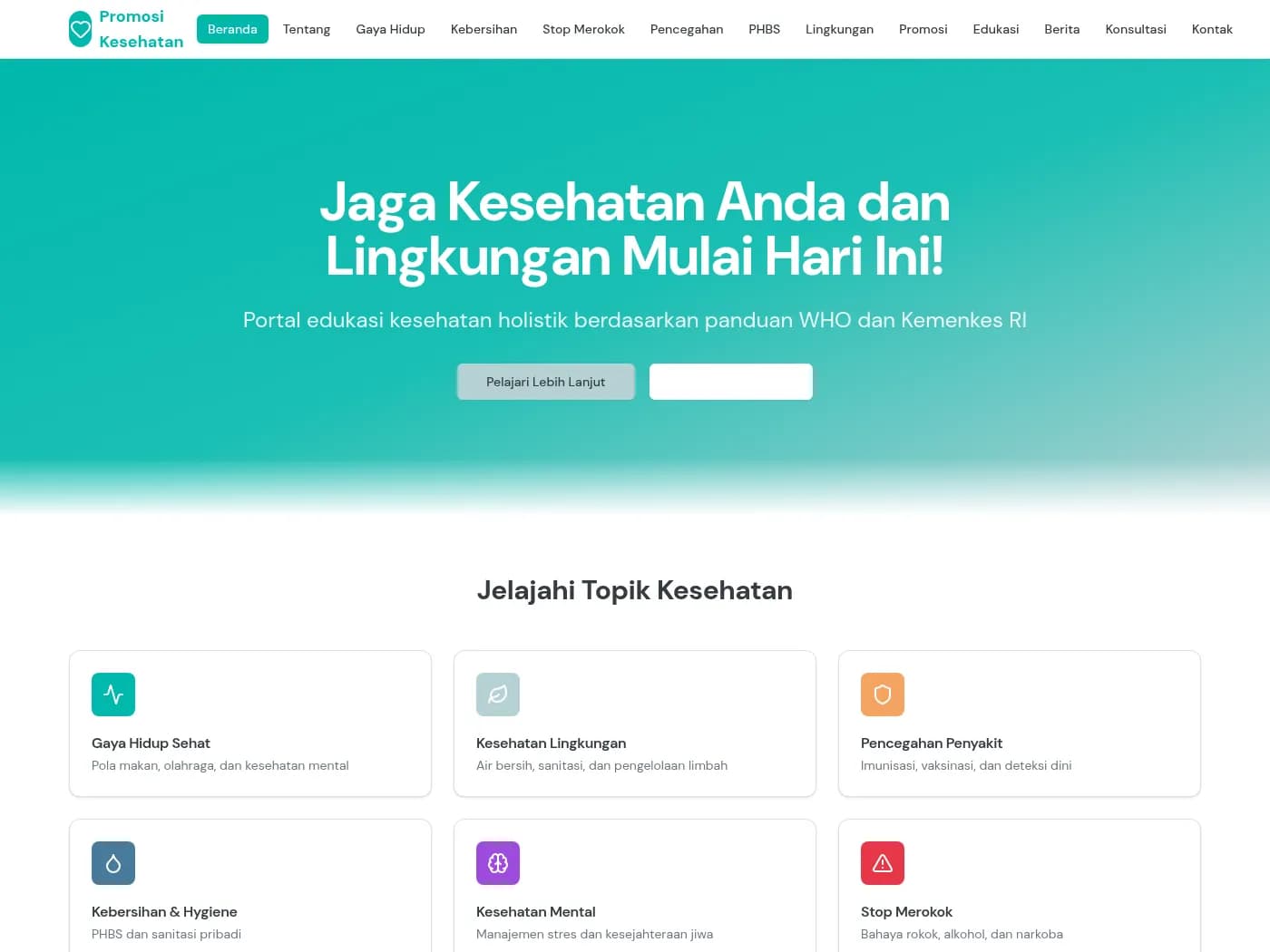 Website Promosi Kesehatan Interaktif Berkualitas dengan Tema Kemenkes RI & Standar WHO