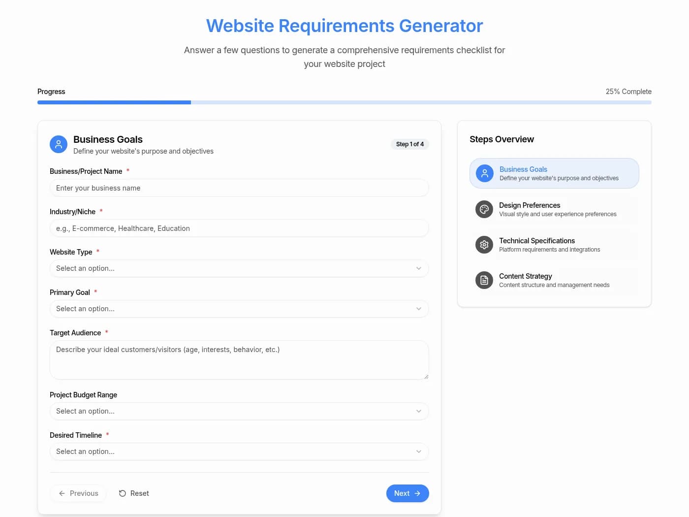 Website Requirements Checklist Generator