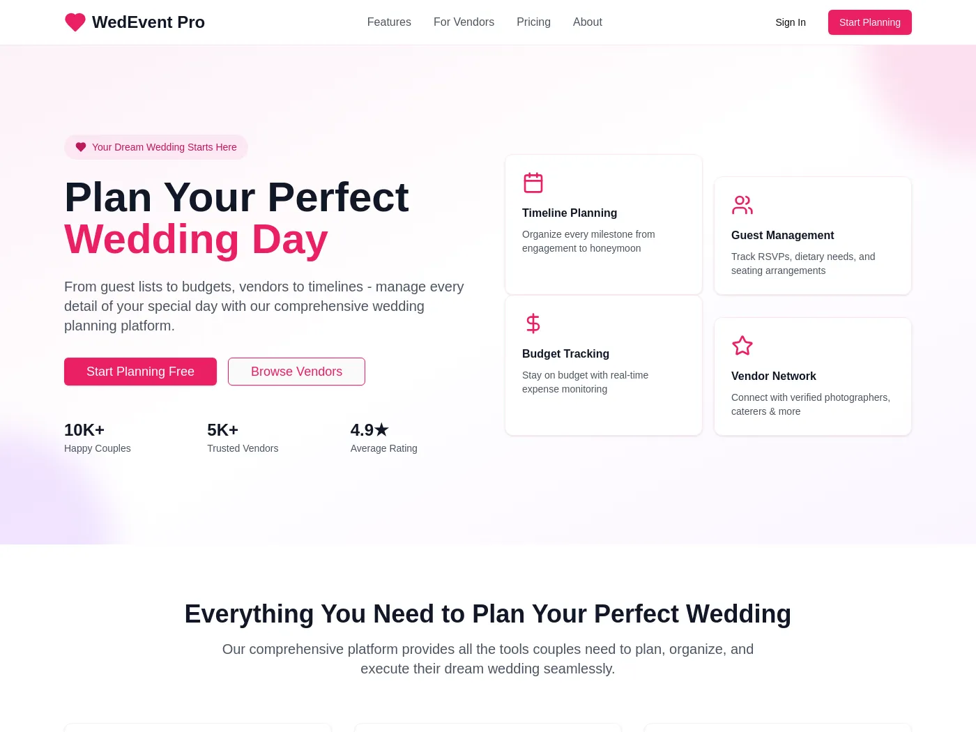 WedEvent Pro: Wedding Event Management & Vendor Onboarding Platform
