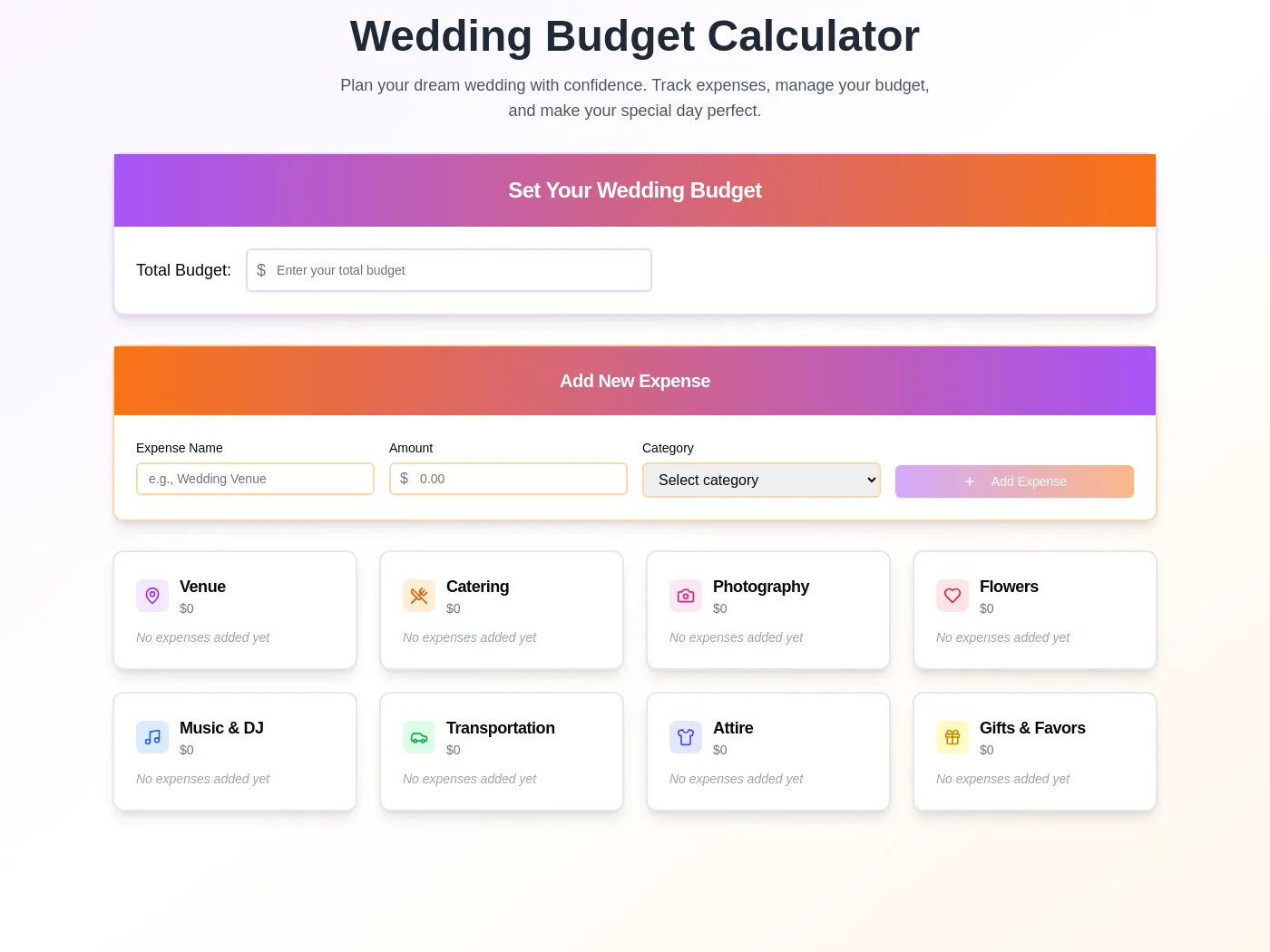Wedding Expenses Calculator