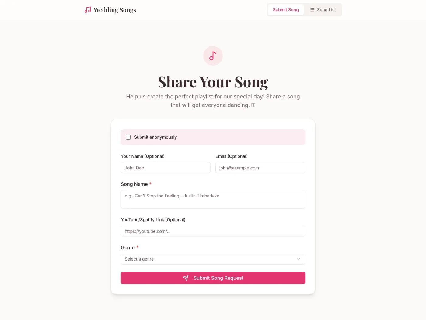 Wedding Guest Song Request Portal