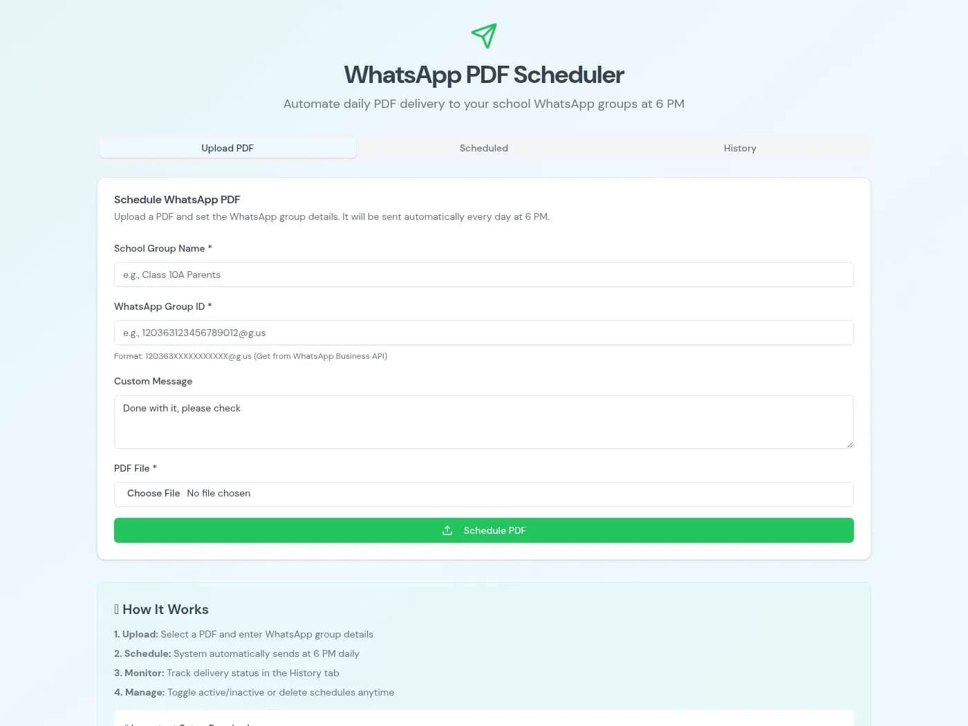 Automated WhatsApp PDF Sender for School Groups