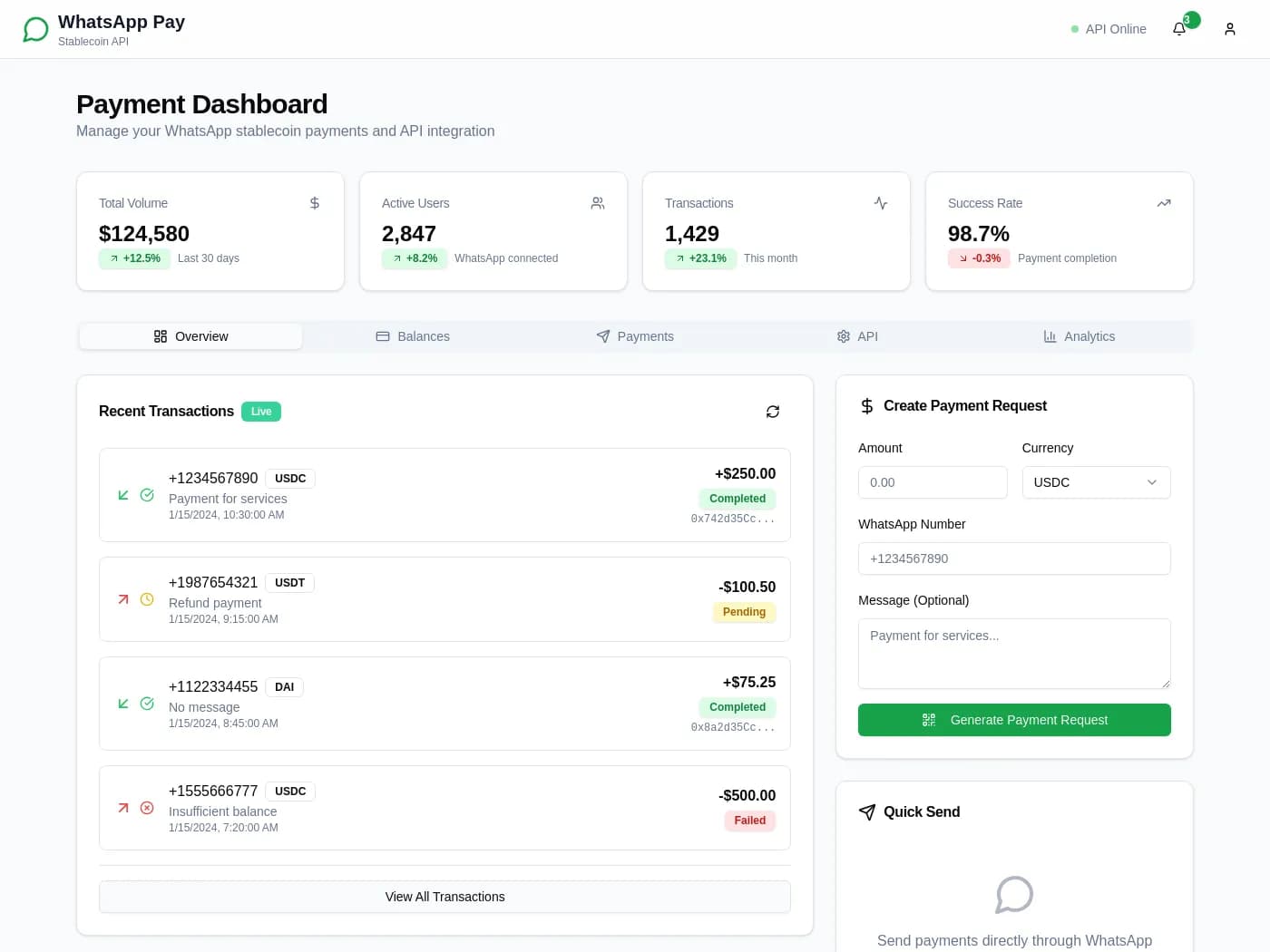 WhatsApp Stablecoin Payment API