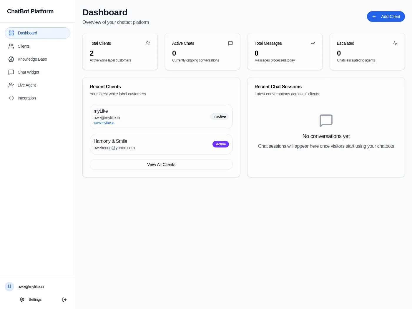 White Label Multi-Client Chatbot Platform