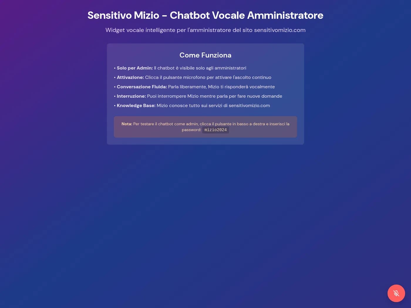 Widget Chatbot Vocale Amministratore per Sensitivo Mizietto