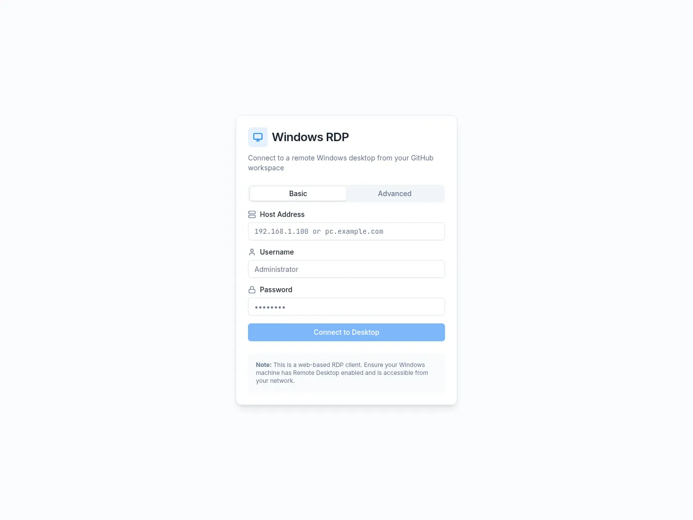 GitHub Workspace Windows RDP Connector
