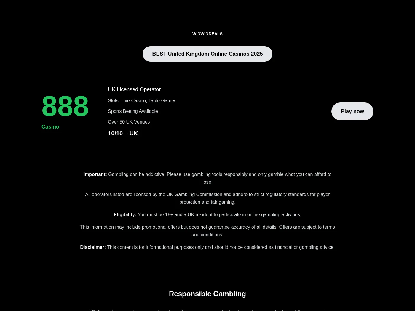 WINWINDEALS 888 Casino UK 2025 Affiliate Landing Page