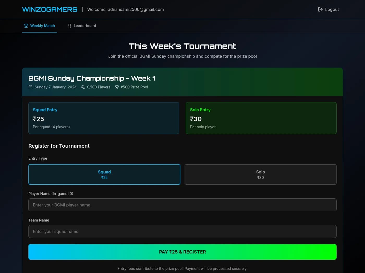 WinzoGamers: BGMI Weekly Match Platform