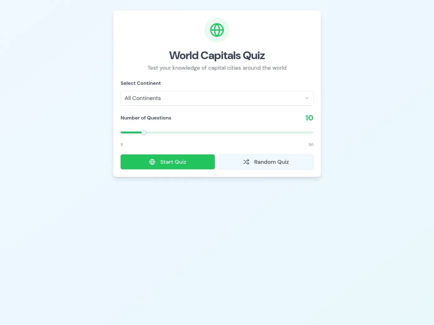 World Capitals Knowledge Tester