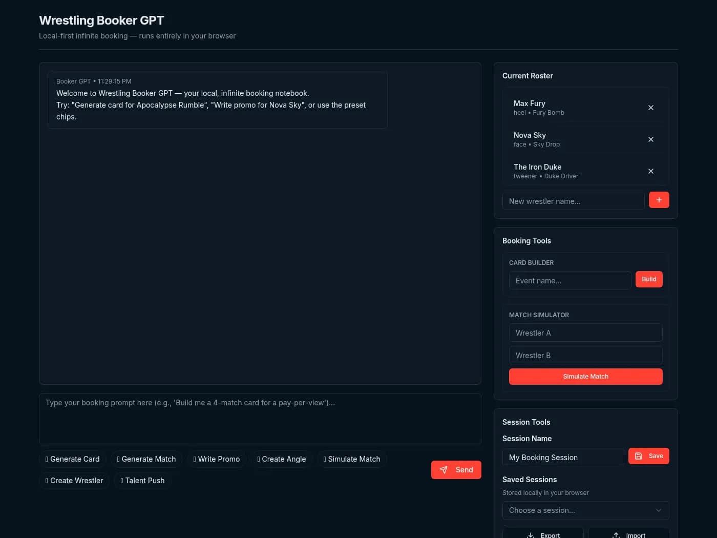 Wrestling Booker GPT — Local-First Infinite Wrestling Booking Notebook