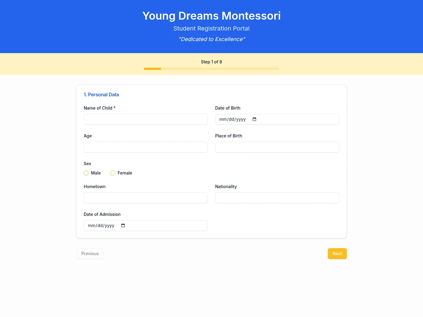 Young Dreams Montessori Student Registration Portal