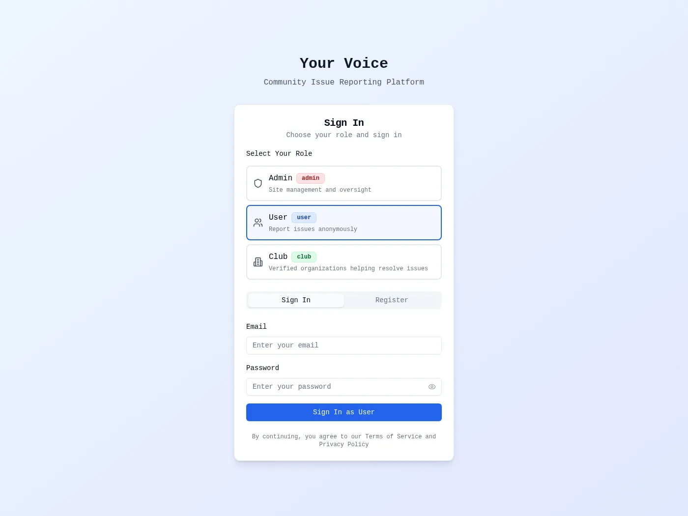 Your Voice - Community Issue Reporting and Resolution Platform