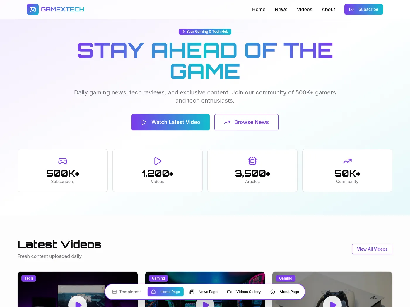 Tech & Gaming News YouTube Channel Website Templates