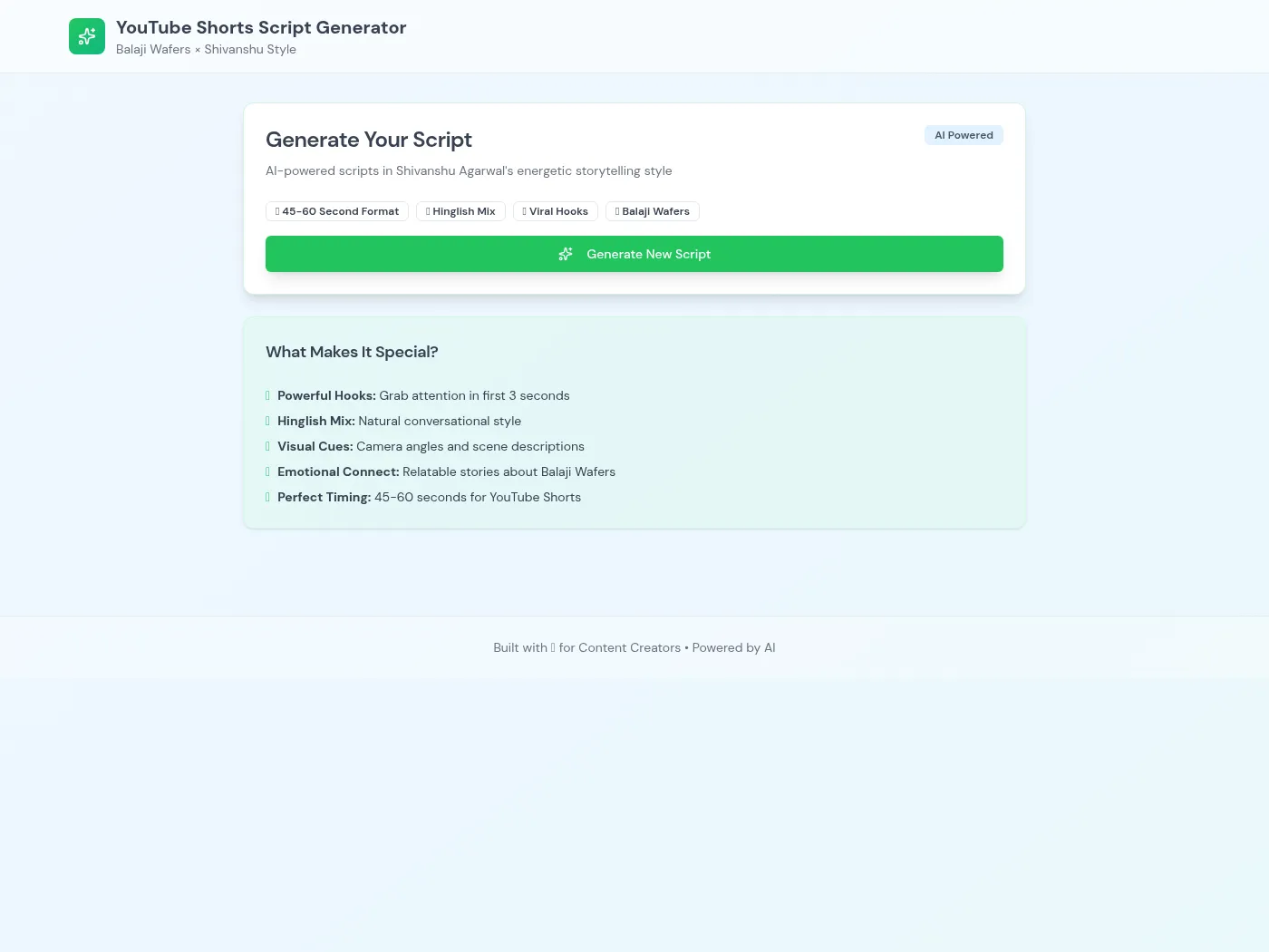 YouTube Shorts Script Generator for Balaji Wafers
