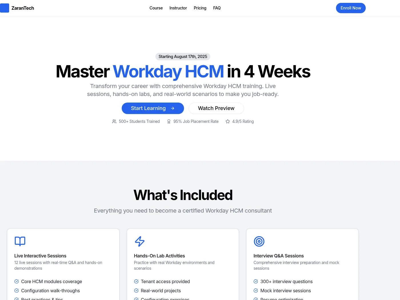 ZaranTech Workday HCM Training Landing Page