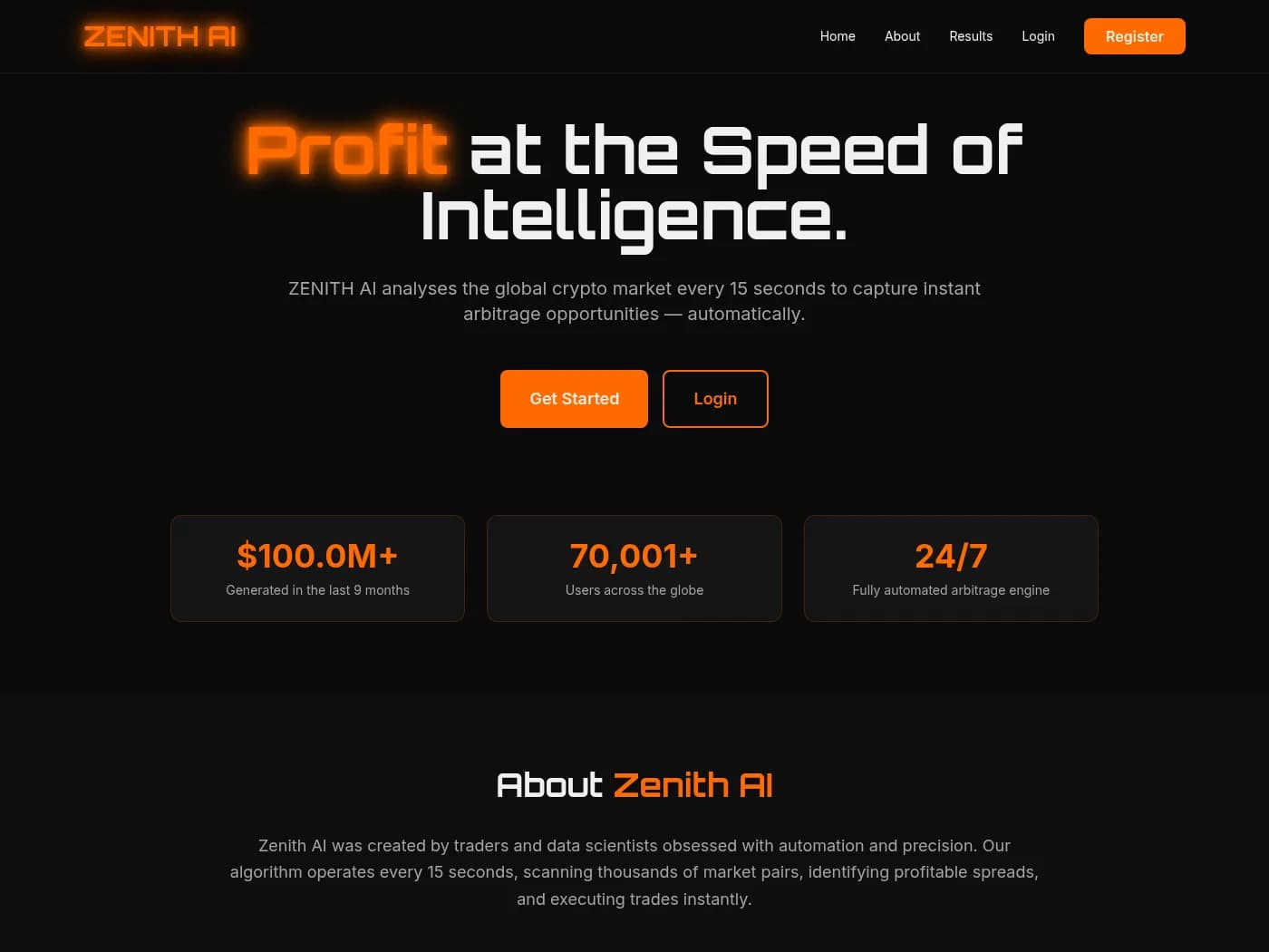 ZENITH AI – Plataforma futurista de arbitragem automática cripto com visual premium
