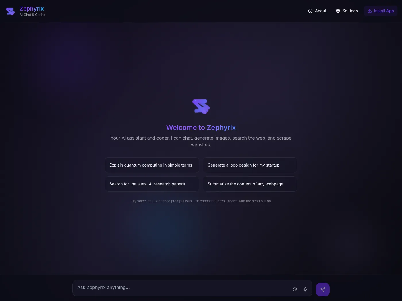 Zephyrix – AI Chat & Codex with Streaming LLM, Image Generation, Search, Scraping, and PWA