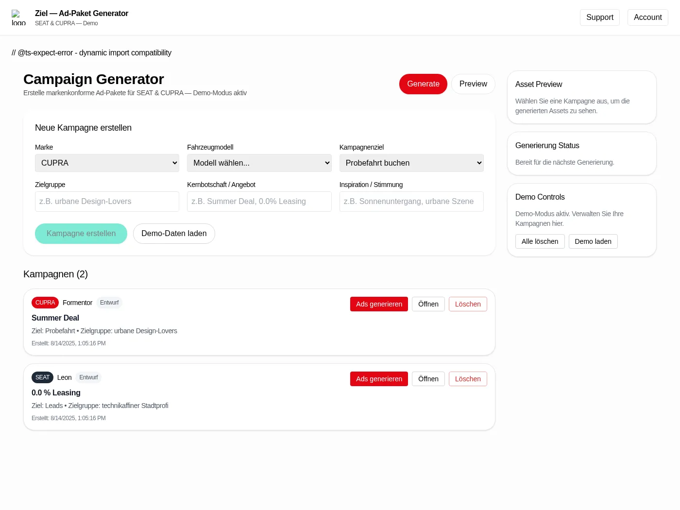 Ziel: KI-gestützte Ad-Paket-Generierung für SEAT & CUPRA