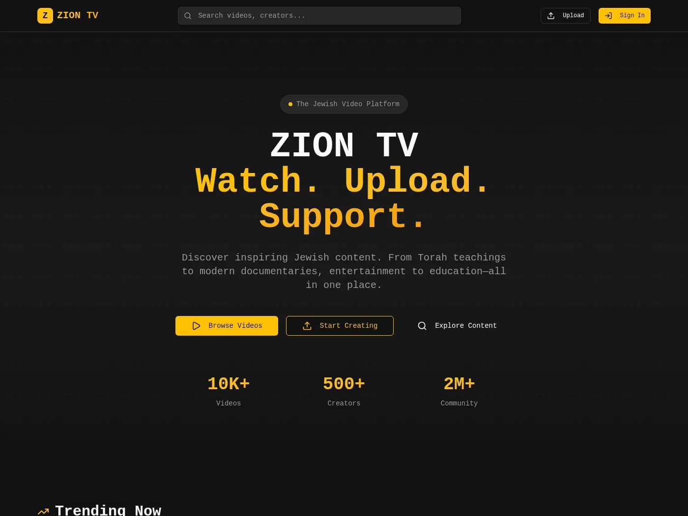 ZION TV – The Jewish Video Platform (YouTube + Netflix Hybrid Frontend)