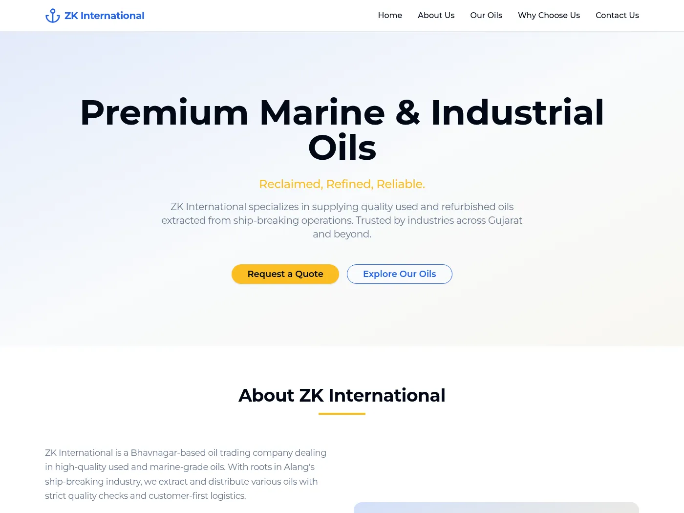 ZK International – Marine & Industrial Oil Supplier Website