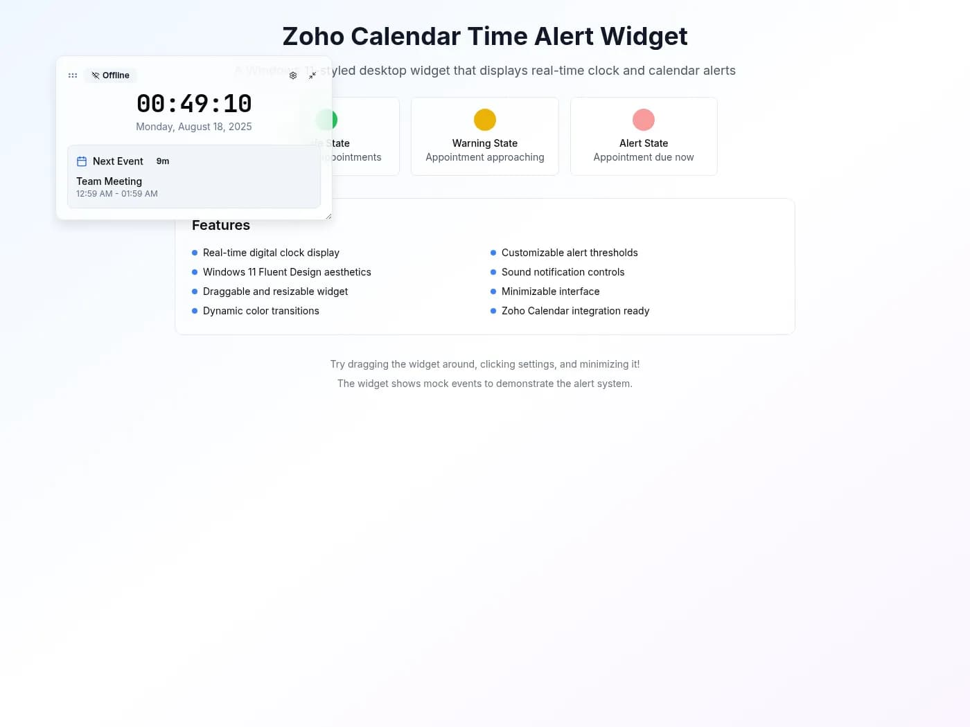 Zoho Calendar Time Alert Widget for Windows