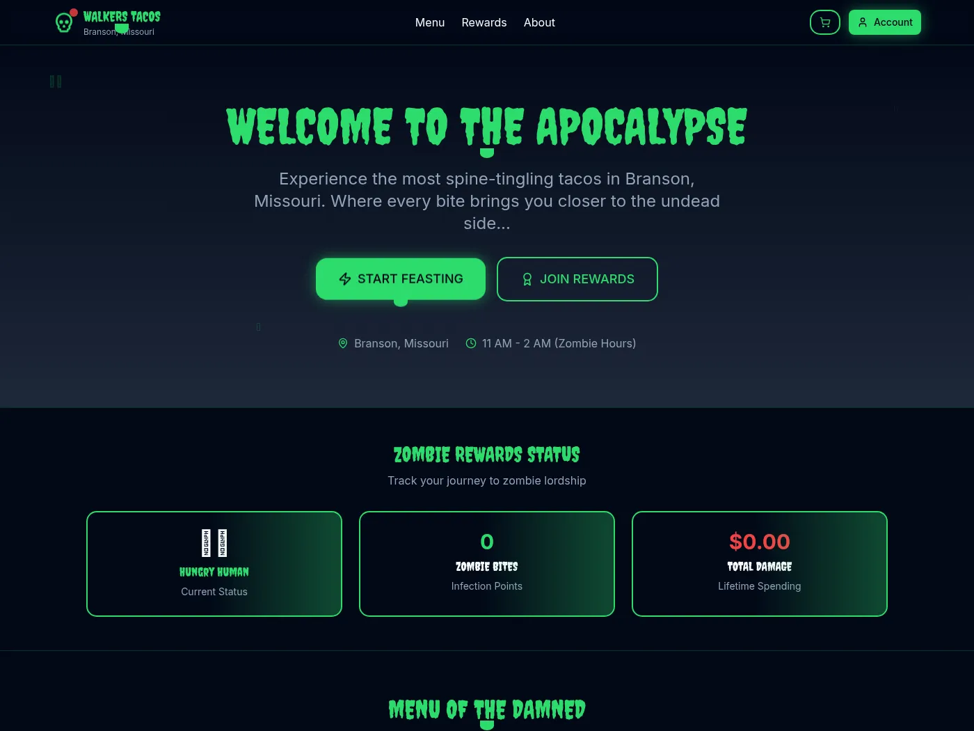 Zombie-Themed Restaurant Ordering and Rewards App for Walkers Tacos